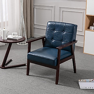 Okeysen Mid Century Modern Accent Chairs, Retro Wood and Leather Armchairs Side Chair, Lounge Reading Comfy Arm Chair for Living Room, Bedroom, Office (Blue)