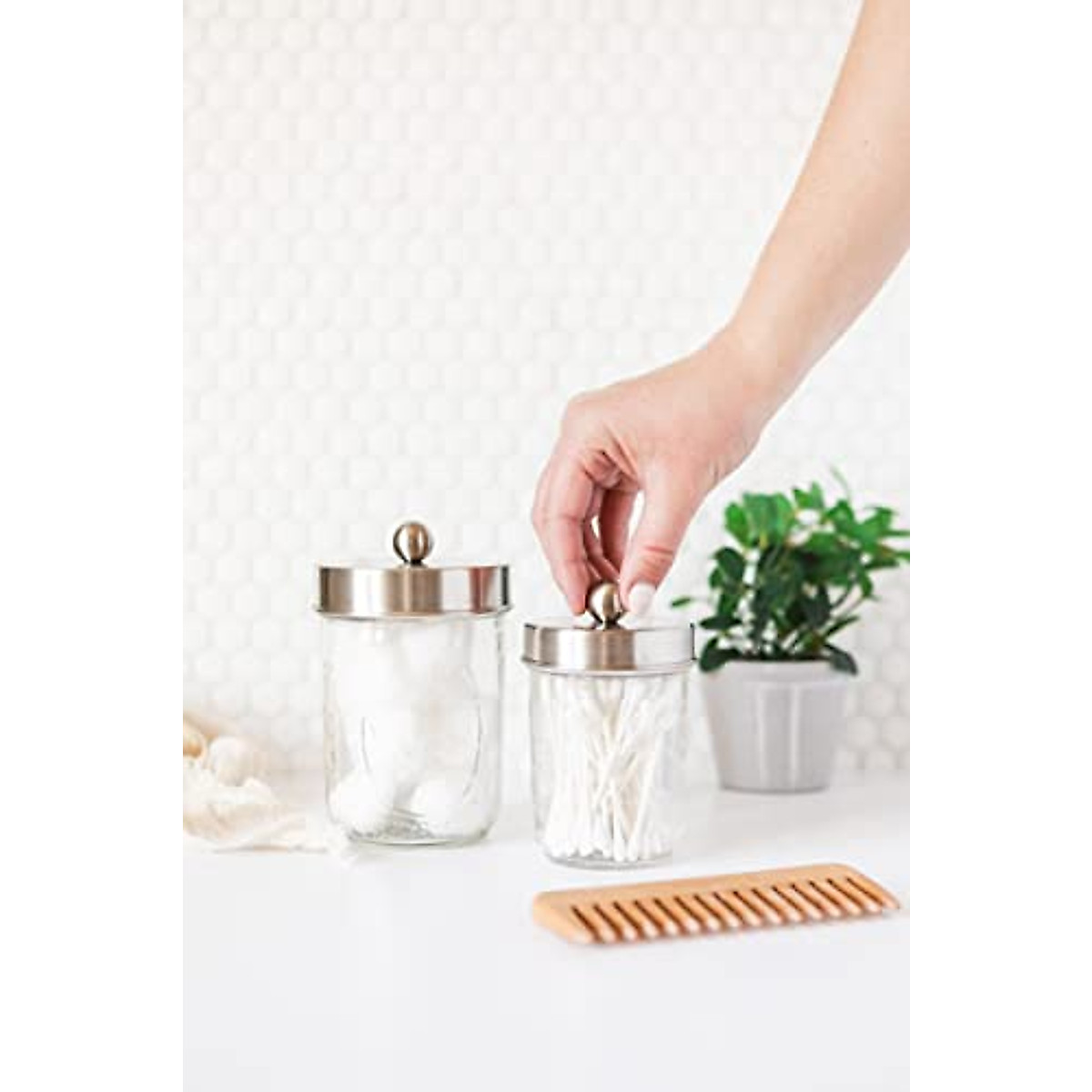 Jarmazing Products Ball Mason Jar Bathroom Gift Set (4 pcs) - Lotion/Soap Dispenser, Toothbrush Holder, Q-Tip Storage Jars - Farmhouse Home Decor for Vanity Organization - Stainless Steel