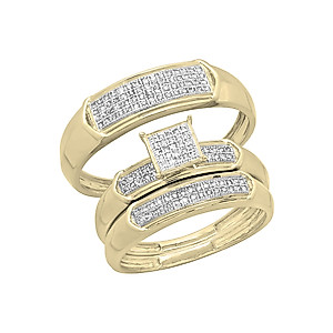Dazzlingrock Collection 0.30 Carat Round White Diamond Square Micro Pave Wedding Trio Ring Set in 18K Yellow Gold Plated Sterling Silver, Women size 7 and Men size 10