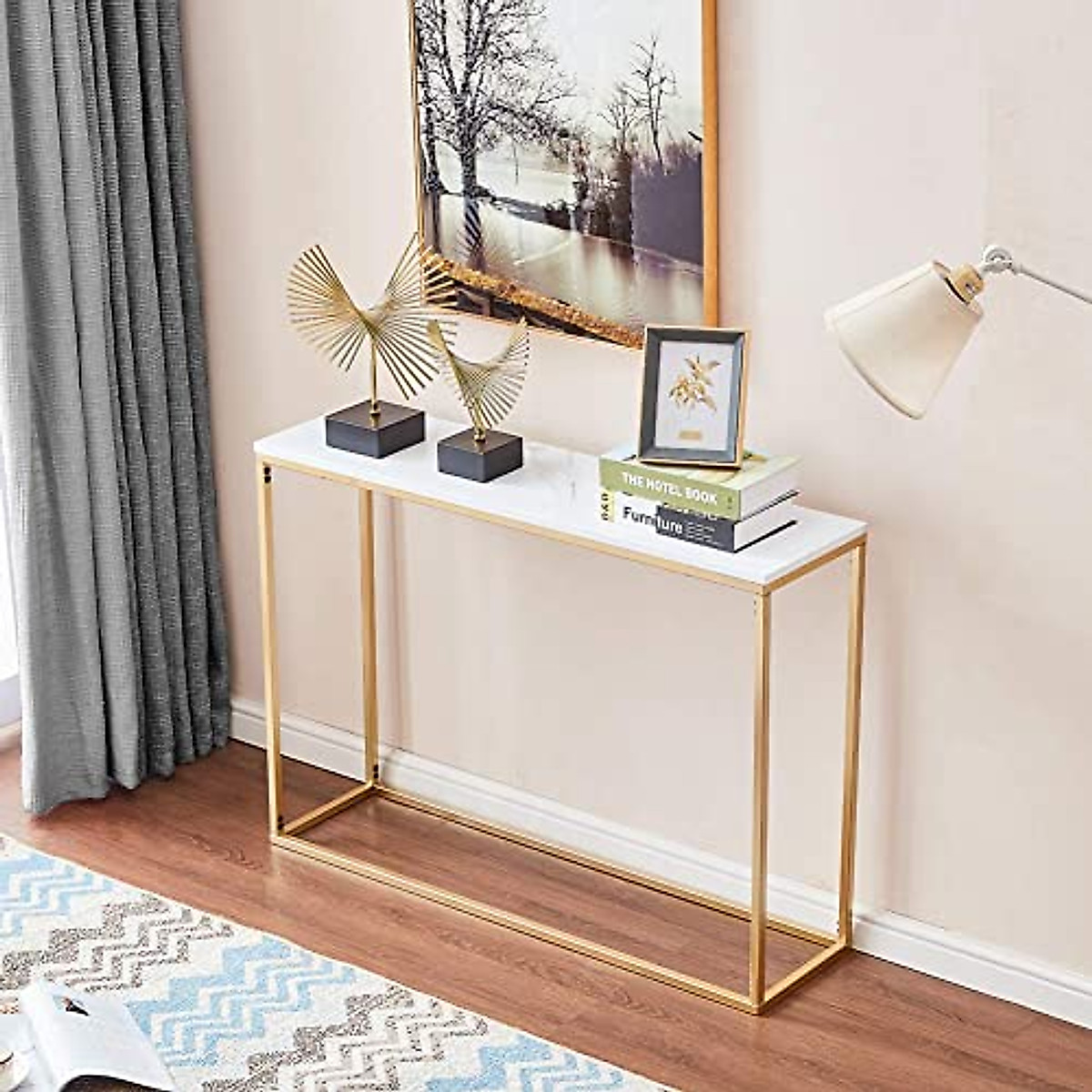 42” Console Tables for Entryway, Faux Marble Sofa Tables, Entryway Table for Living Room, Gold Entrance Table, MDF Entry Table, Foyer Tables w/ Metal Frame, Behind Couch Table for Hallway (Gold Frame)