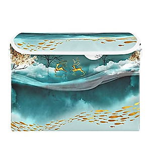 RunningBear 3d Illustration Deer Forest Large Storage Bins with Lid Collapsible Storage Bin Cubes Boxes Cute Bin for Home Office