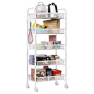 Xy Litol Wire Shelving Unit and Storage - Steel Wire Basket Shelving Trolley, 5 Tier Kitchen Cart Ivory White