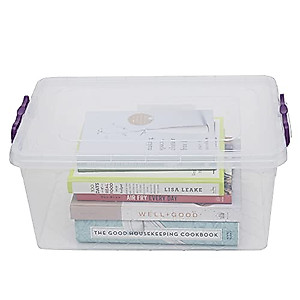 Home Basics Plastic Storage Box with Locking Lid, Clear | Durable Latches for Secure Closure | Purple Handles (15 liter)