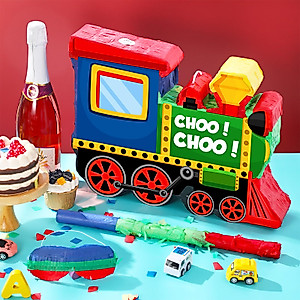 Shappy 3D Piñata Small Racing Theme Piñata with Blindfold Stick Confetti Railroad Train Bike Car Piñata for Birthday Party Decorations Race Car Party Supplies(Train)