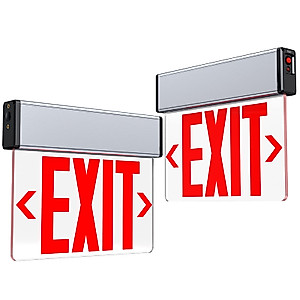 LED Edge Lit Exit Sign Aluminum Housing AC 120-347V Emergency Exit Light with Battery Backup Single Sided Acrylic Clear Panel Commercial Exit Signs, Top/Side/Wall Mount, UL Certified (2 Pack, Red)