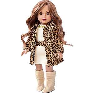 - Fashion Girl - 3 Piece 18 inch Doll Outfit - Cheetah Coat, Ivory Dress and Ivory Boots - (Doll Not Included)