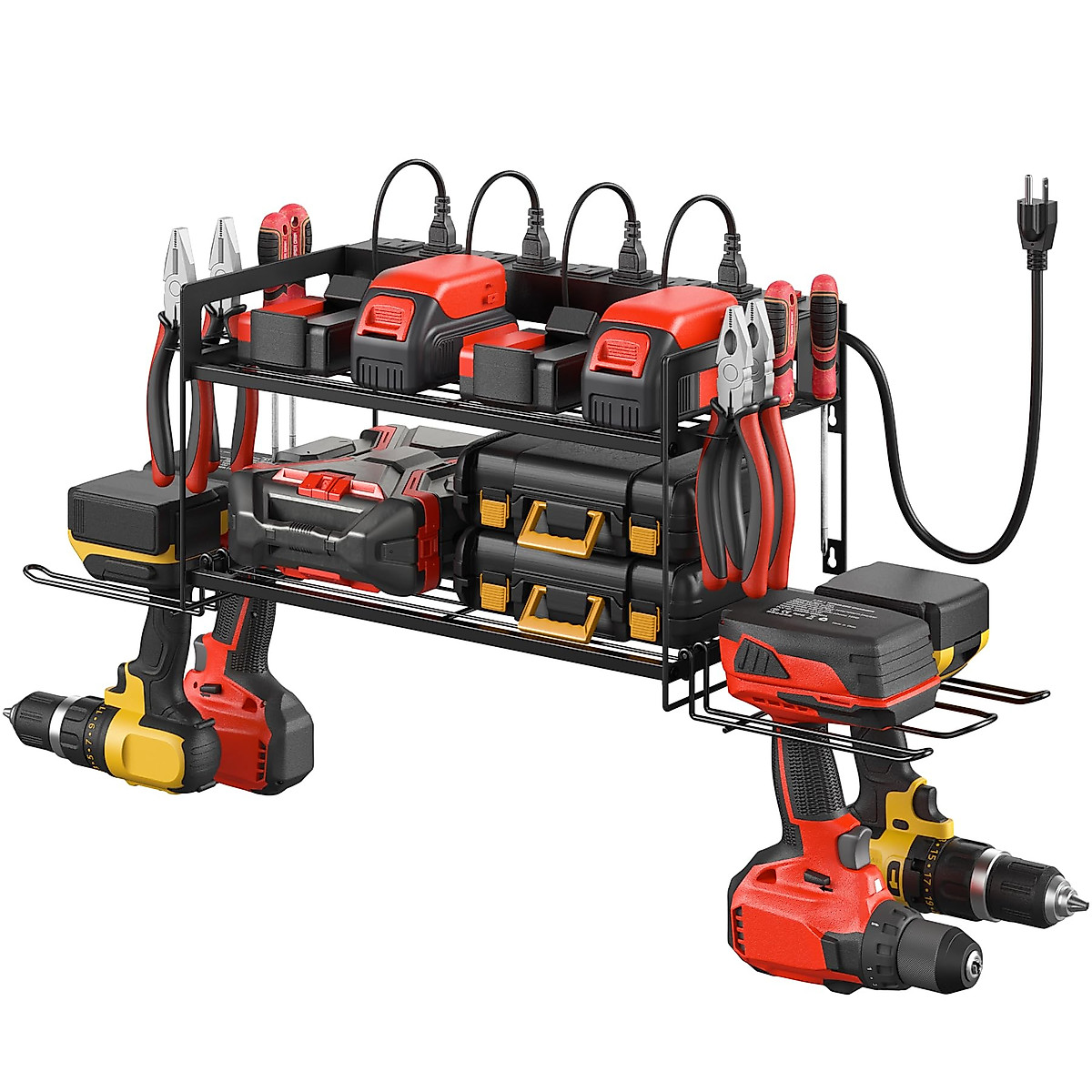 CCCEI Garage Tools Storage with Charging Station. Power Tool Battery Organizer Utility Shelf with Power Strip. 4 Drills Holder Wall Mount Rack, Black.