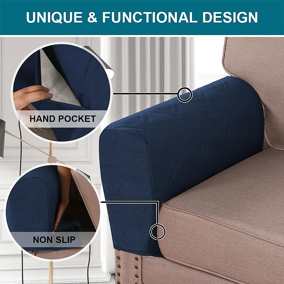 Turquoize Waterproof Armrest Covers for Chairs and Sofas Armrest Covers Couch Arm Covers for Sofa With Side Pocket Anti-Slip Furniture Protector Washable Armrest Slipcovers Set of 2, Navy