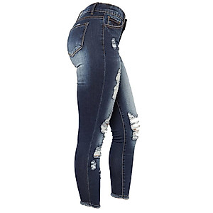 Andongnywell Women's Stretchy Ripped Hole Skinny Jeans Butt Lifting Distressed Denim Pants with Pockets Trousers Blue