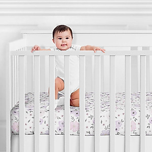 Sweet Jojo Designs Floral Girl Jersey Stretch Knit Baby Fitted Crib Sheet for Soft Toddler Bed Nursery - Lavender Purple, Pink and Grey Boho Shabby Chic Rose Watercolor Flower