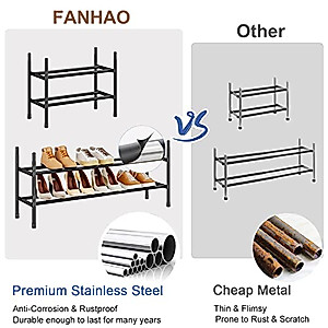 FANHAO 2-Tier Expandable Shoe Rack, Stackable and Adjustable Shoes Organizer Storage Shelf for Closet Entryway, 100% Stainless Steel Sturdy Shoe Shelf, Matte Black