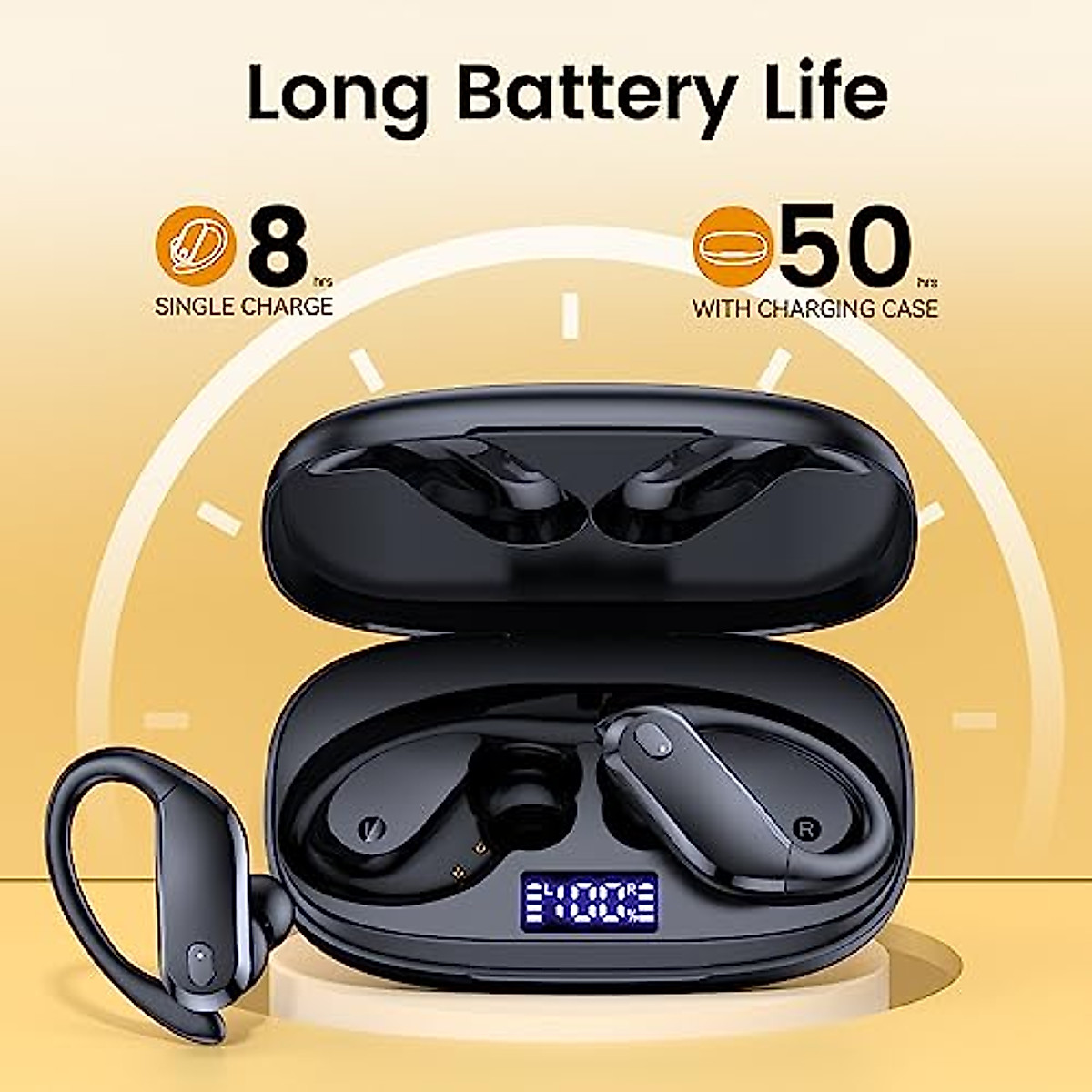 GNMN Bluetooth Headphones Wireless Earbuds V5.3 Over Ear Buds 50Hrs Playback Wireless Charging Case Waterproof Earphones Sports Headset with Earhooks & Dual Power Display for Running Workout