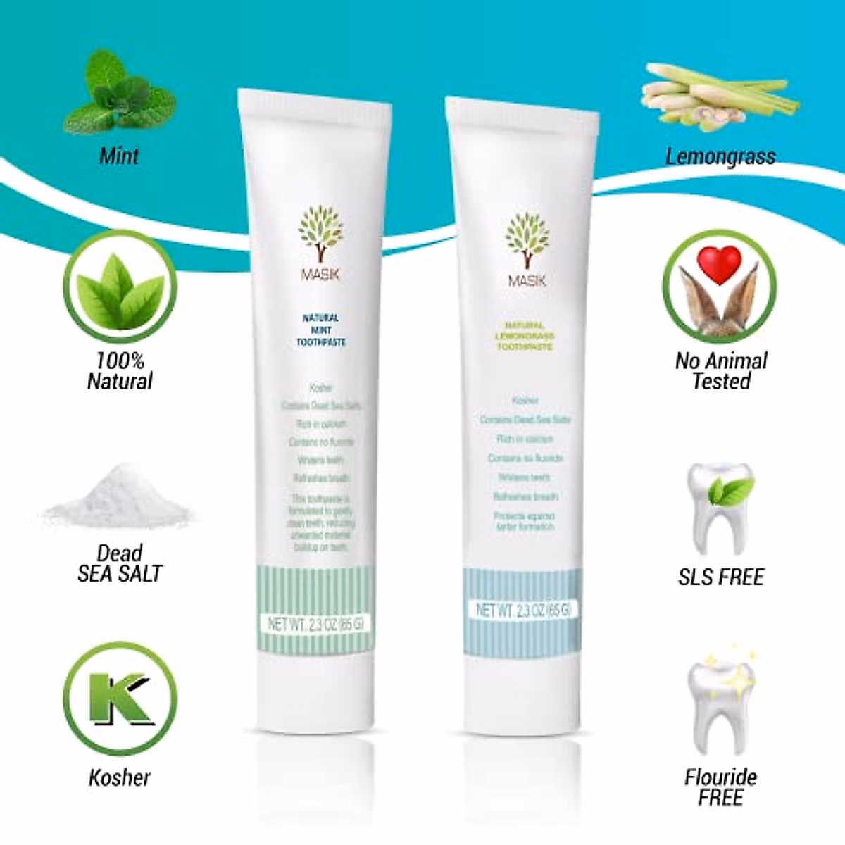 Masik Natural Mint Toothpaste Without Fluoride for Whitening of Teeth, Gums, Sensitivity, Health, with Dead Sea Salt & Essential Oils - | Made in Israel (Mint - 1 Pack)