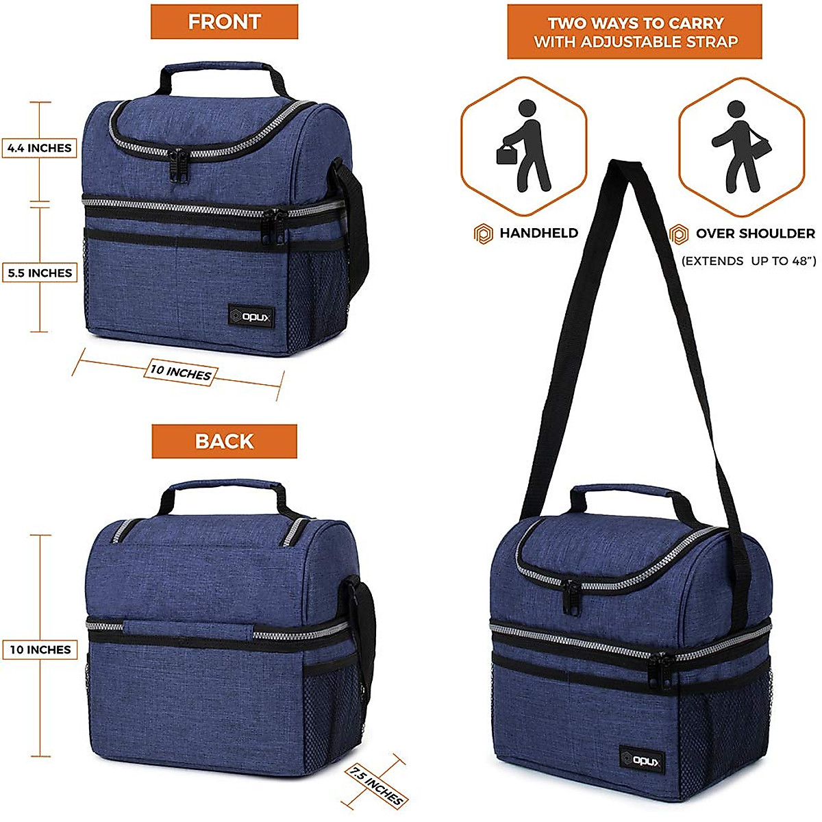 OPUX Lunch Box For Men Women, Insulated Large Lunch Bag Adult Work, Double Decker Lunchbox Meal Prep Dual Compartment Leakproof Lunch Cooler, Soft Lunch Pail Tote Boys Girls Kids School, Navy Blue 12L