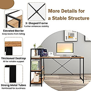 Tangkula Reversible L-Shaped Computer Desk, Space Saving Corner Desk with 3-Tier Storage Shelves & Metal Frame, Modern Executive Home Office Desk, PC Laptop Desk Workstation for Small Space (Walnut)