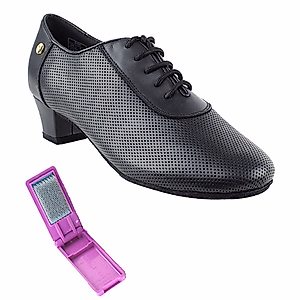 Very Fine Dance Shoes - Ladies Practice, Cuban Low Heel, Waltz, Wedding Dance Shoes - CD1122DB - 1.5 -inch Heel and Foldable Brush Bundle - Black Leather - 8