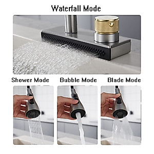 WTEZRSRGG Kitchen Faucet Pull Out, Big Waterfall Kitchen Sink Faucet with 3 Functions Sprayers, Single Hole Sink Mixer Kitchen Tap with Rotate Button,Black (Color : Brushed Gunmetal)