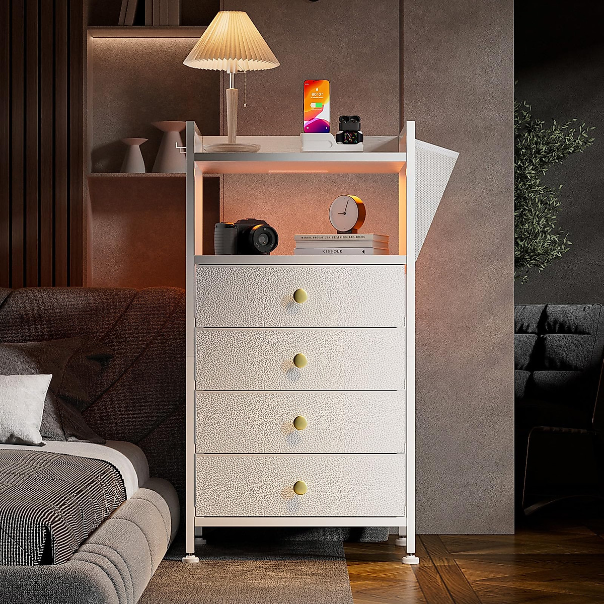 GipGiper White Nightstand with Charging Station, LED Nightstand with 4 Fabric Storage Drawers, Small Dresser for Bedroom, Entryway, Hallway, College Dorm Furniture Tall Nightstand Bedside End Table