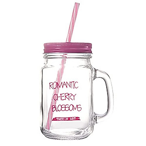 DOITOOL Mason Jar Drinking Mug 500ML Smoothie Cup Glass Juice Tumbler with Lid Handle and Straw for Juice Milk Cold Water Beverages (Pink)