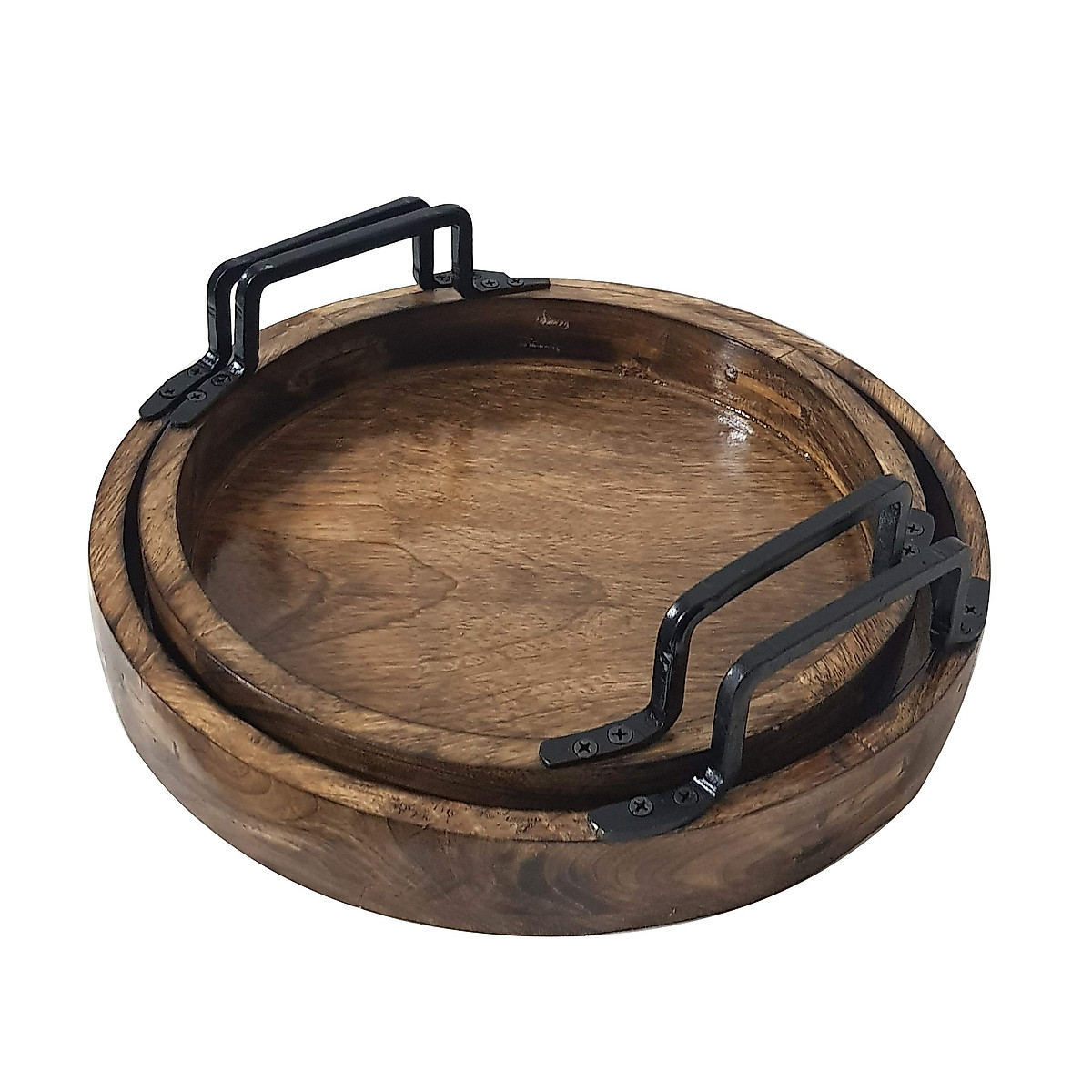Handcrafted Antique Rustic Wooden Round Serving Trays Round with Handles Brown Kitchen Accessories Set of 2