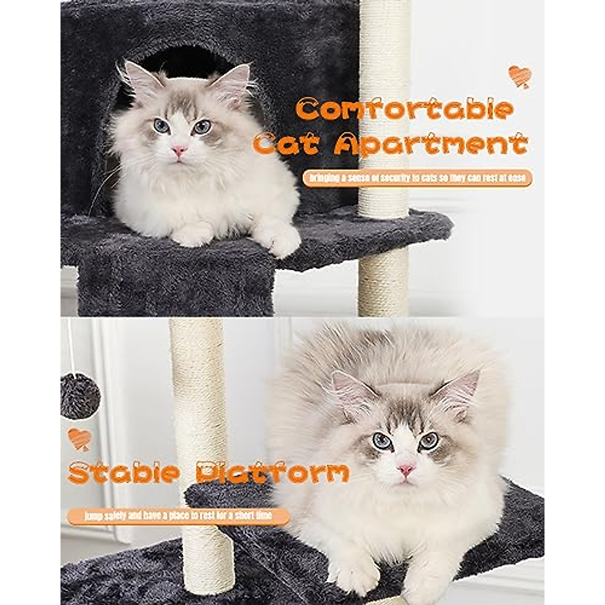 KSIIA Cat Tree for Indoor Cats 43 Inch Tall Cat Climbing Tower with Sisal-Covered Scratching Post & Board Modern Kittens Activity Condo House with Plush Perch, Grey