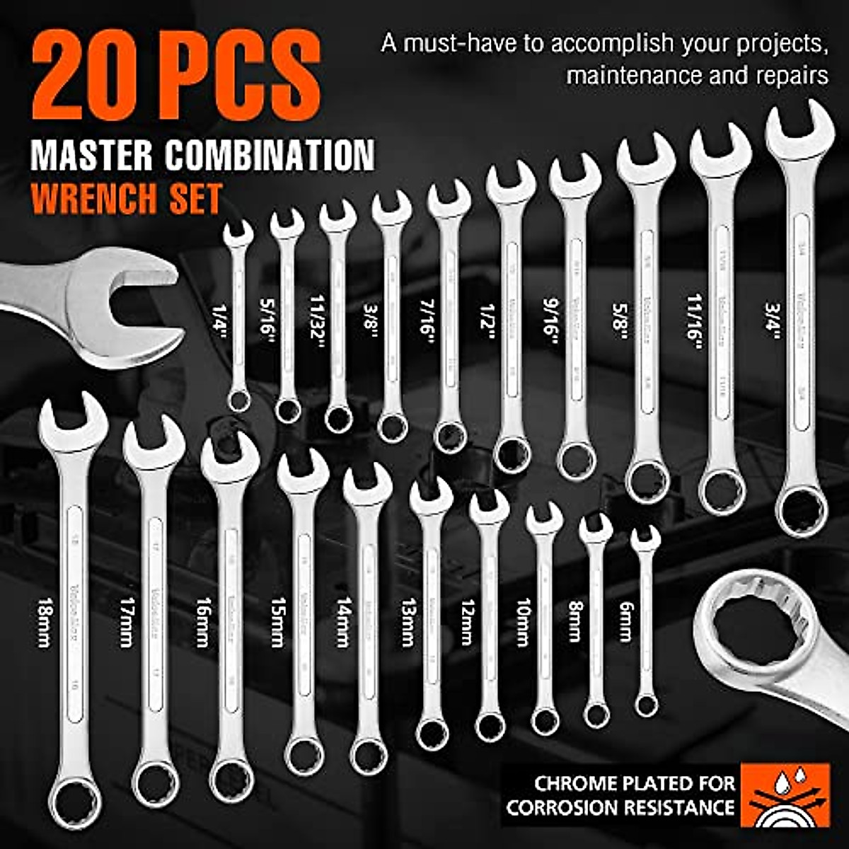 ValueMax Mechanics Wrench Set Metric and Standard, 20PCS Complete Combination Wrenches Roll Set. SAE 1/4" to 3/4", Metric 6mm to 18mm, Full Wrench Set with Roll up Pouch