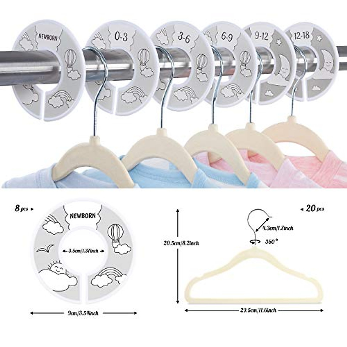 Lemonfilter 20 Pack Kids Velvet Hangers, Non-Slip Baby Clothes Hangers Space Saving Ultra Thin Toddler Children Hangers with 8 Pcs Baby Wardrobe Dividers(Beige)