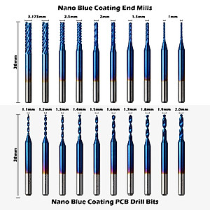 Genmitsu 50pcs Tungsten Carbide End Mill Router Bits, 1/8'' Shank CNC Bit Set Including 2-Flute Straight Bit, Flat Nose & Ball Nose End Mill, PCB Drill & V-Groove Engraving Bits, Nano Blue Coat, MC50A