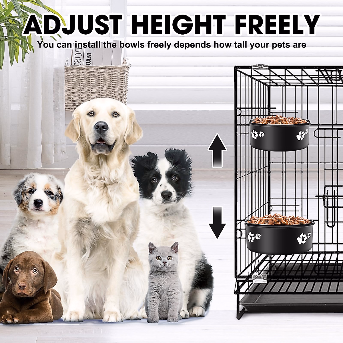 Kennel Water Bowl Hanging, ShineMe 2 Pack Stainless Steel Food and Water Bowl for Dog Cage, Crate, Kennel Bowls Mountable for Medium and Small Dogs, Cats, Pets (6.2x2.6” & 5.5x2.4”)