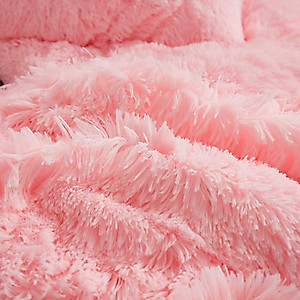 WERDIM Shaggy Fluffy Faux Fur Duvet Cover Set Button Closure Velvety Bedding Set Comforter Cover with Pillowcases Pink, King Size