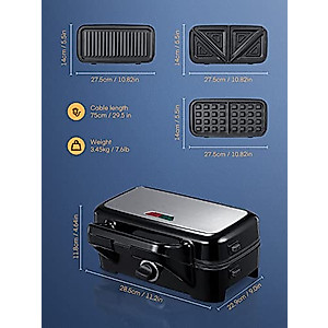 HOUSNAT 3 in 1 Sandwich Maker, Waffle Maker with Removable Plates, 1200W Panini Press with Interchangeable Non-Stick Plates, Indicator Lights, 5-gear Temperature Control, Silver/Black