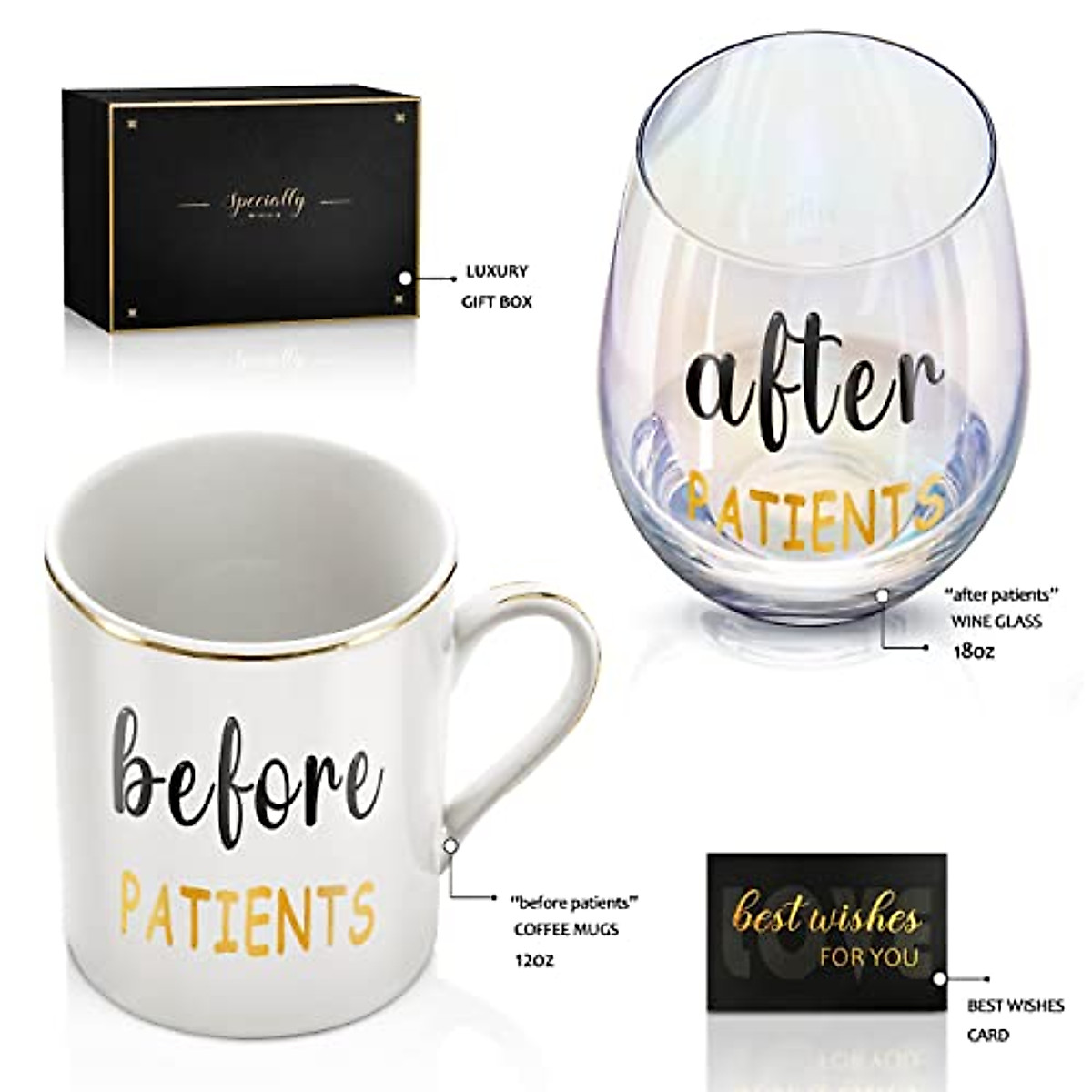 FONDBLOU Before Patients After Patients Set, 12oz Coffee Mug & 18oz Wine Glass, Gifts Idea for Nurses,Doctors,Dentists,Hygienists,Assistants,Physician,RN,Unique Birthday Graduation Nurses Day Gifts