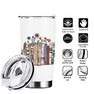 Book Lovers Gifts Stainless Steel Tumbler, Book Club Gifts Bookish Gifts Coffee Mug with Lid, 20 oz Thermal Cup Insulated Water Glasses, Book Accessories Librarian Gifts for Women Girls Bookworm Niece