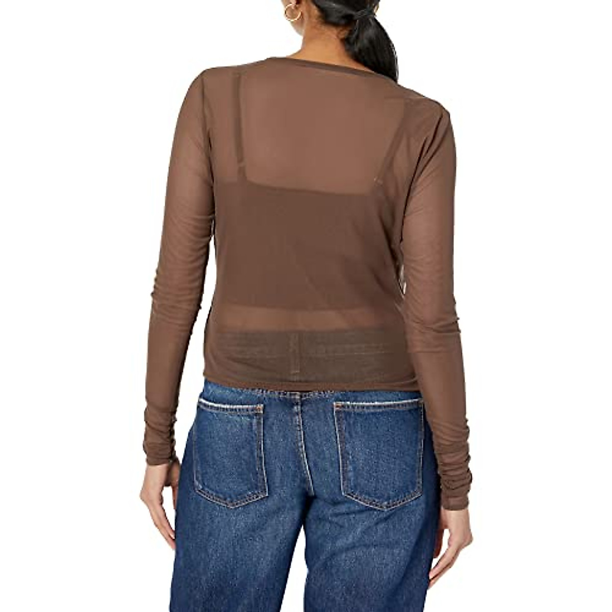 The Drop Women's Zander Mesh Long Sleeve Blouse, Coffee Bean, XXL, Plus Size