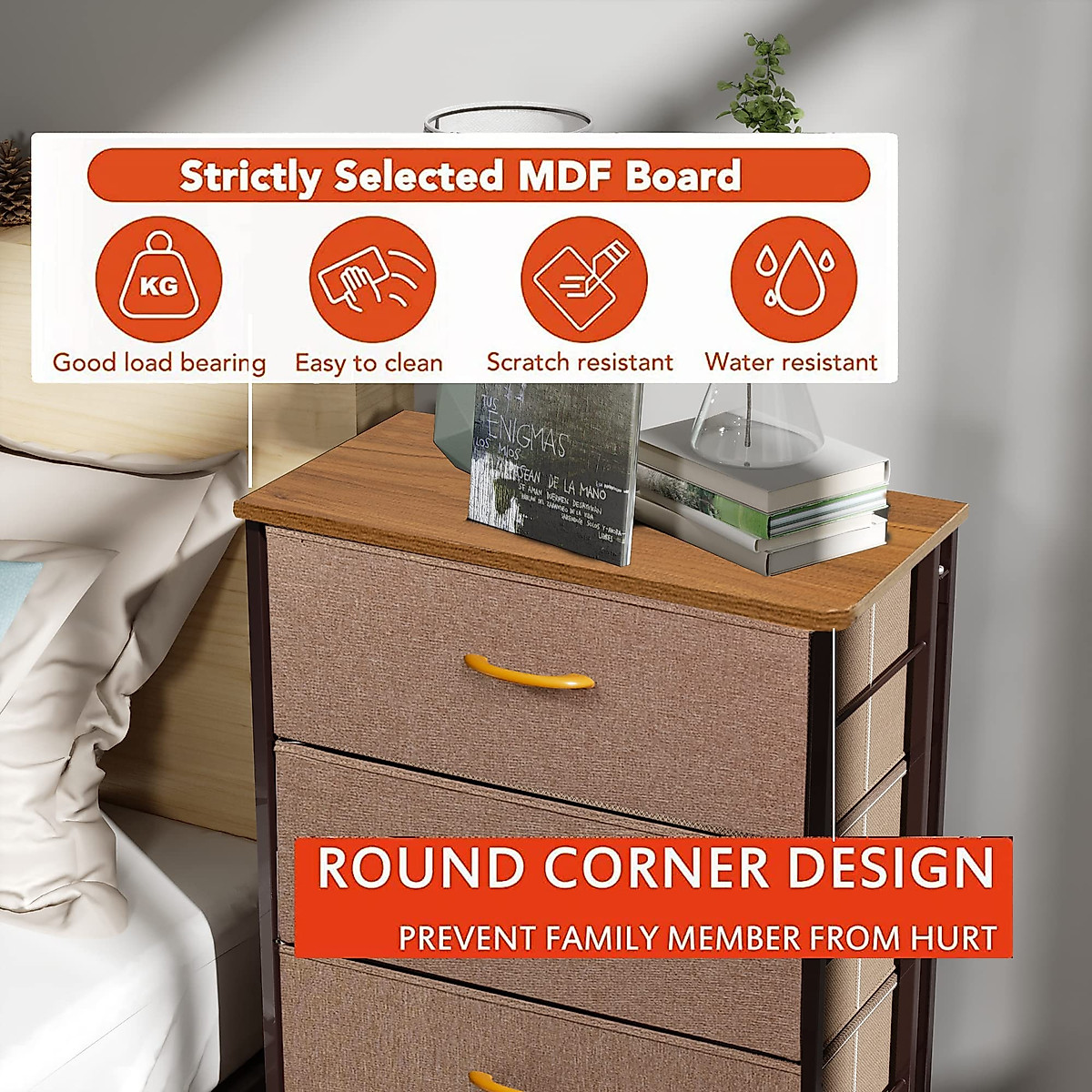 WAYTRIM Dresser Storage Tower, 4 Fabric Organizer Drawers, Wide Chest of Drawers for Closet Boys & Girls Bedroom, Bedside Furniture, Steel Frame, Wood Top, Fabric Bins, Easy Installation (Brown)