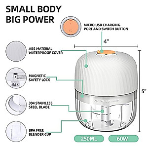 Electric Garlic Chopper, Mini Portable Veggie Chopper, 250ML Garlic Grinder Masher Onion Chopper, Blender to Vegetable, Wireless Food Processor for Ginger, Chili, Fruit, Meat, etc