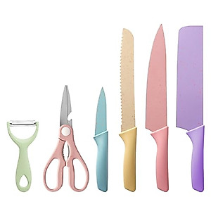 Colorful Kitchen Knife Set 6 PCS, Colored Knives Set with Non-Stick Coating, Chef Boxed Knives Set for Cooking, Camping, Travel, Picnic, BBQ and RV
