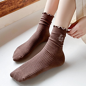 zrylibya Women's Ruffle Frilly Rib Knit Crew Socks Floral Embroidery Scalloped Pointelle Casual Ankle Socks 5 Pairs (Multicolor B)