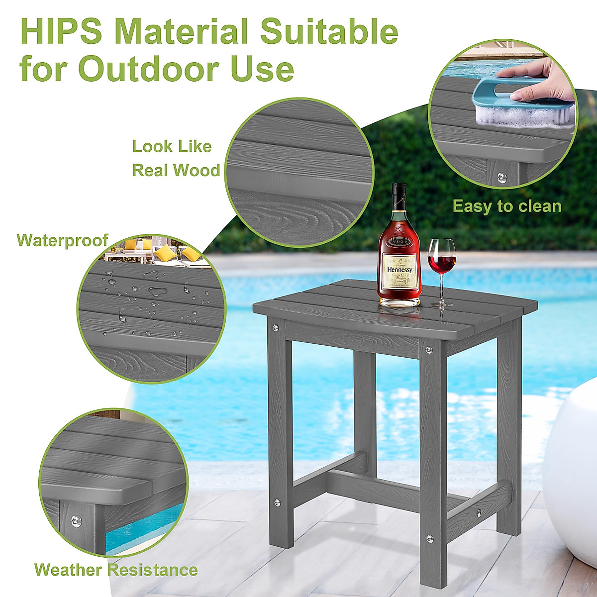 Y&M Outdoor Side Table, HIPS Adirondack Small Single Table, Waterproof Square Outside Table, Balcony Modern End Tables for Patio, Pool, Beach, Porch, Deck, Indoor or Outdoor Use (Dark Grey, 2 Pack)