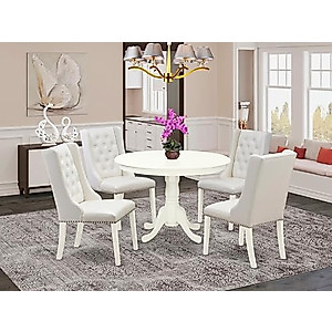 East West Furniture HLFO5-LWH-44 5 Piece Dining Table Set for 4 Includes a Round Kitchen Table with Pedestal and 4 Light Grey Faux Leather Parson Dining Chairs, 42x42 Inch, Linen White