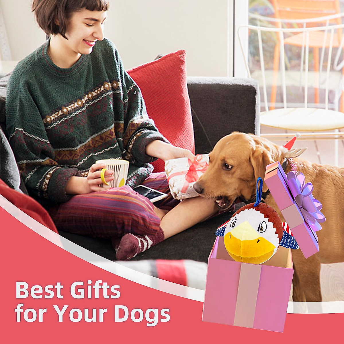 Dog Toy Balls for Aggressive Chewers with Crinkle Paper Interactive Outdoor Dog Toys for Tug of War Chase Toy with Rope Fun Fetch Rugby Ball Bird Themed Toy for Small Medium Large Dogs (Eagle)