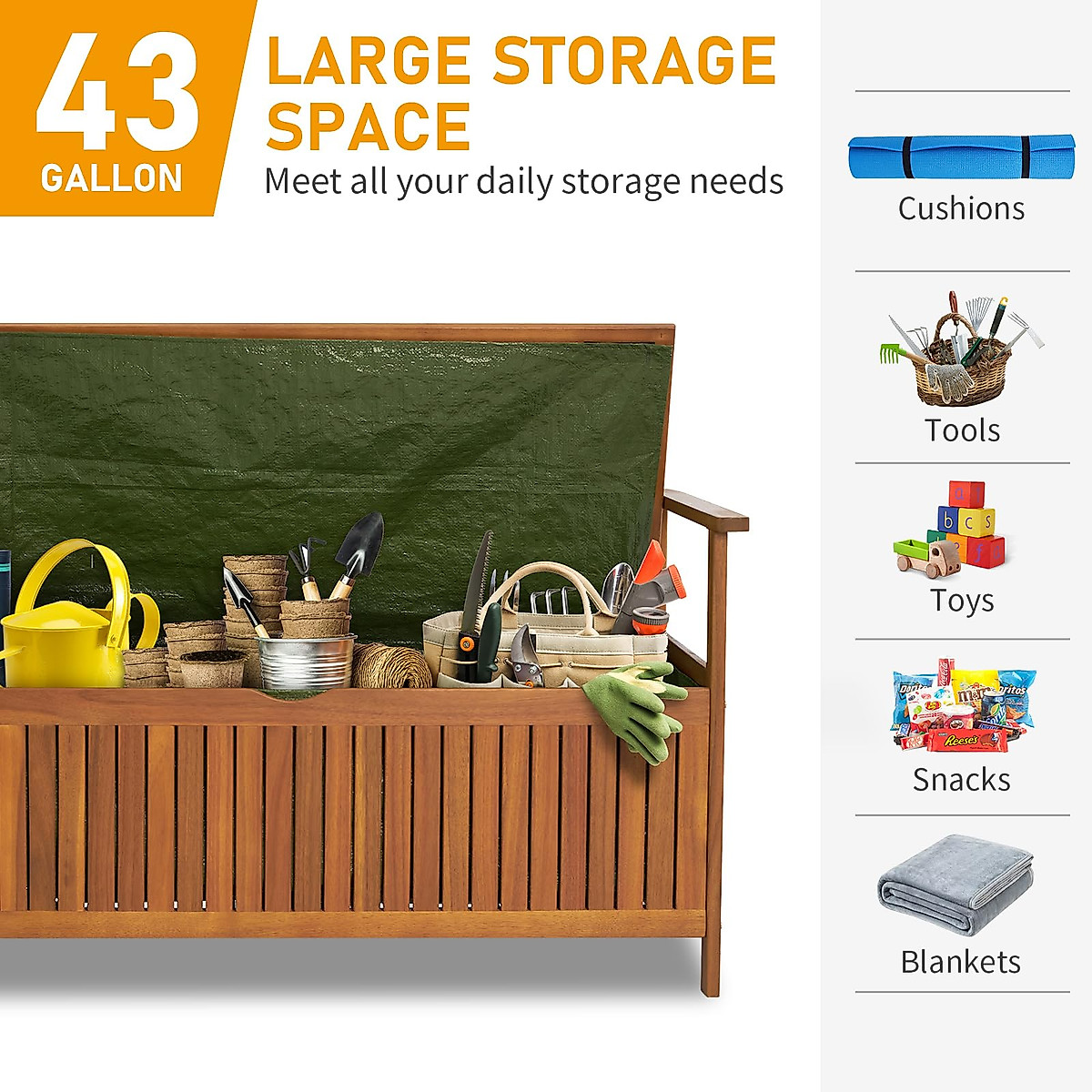 VINGLI 47in Outdoor Storage Bench Outdoor Bench with Storage, Garden Bench Patio Bench 43 Gallon Deck Storage Bench Porch Bench Wood Storage Bench
