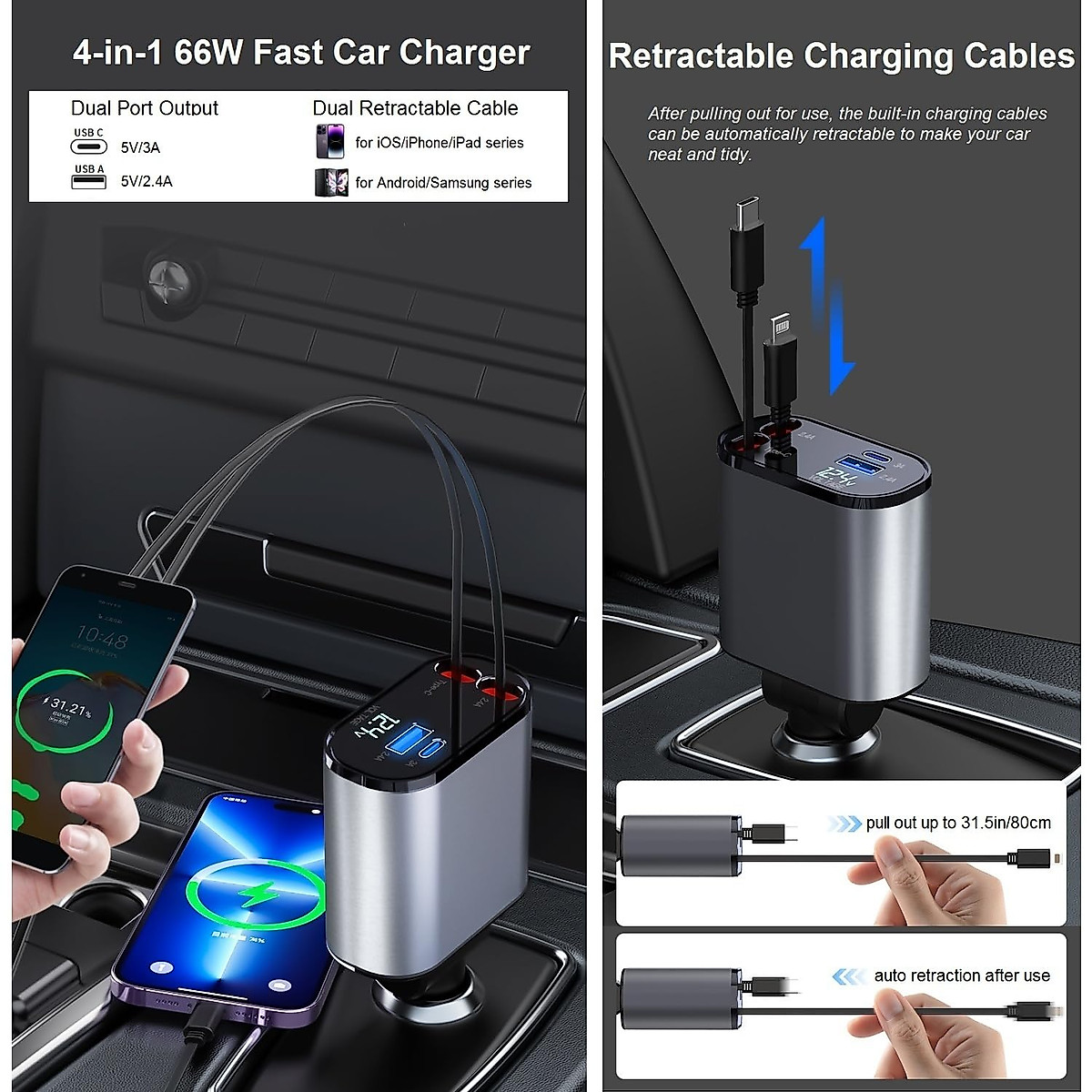 Retractable Car Charger Fast Charging - 66W 4-in-1 USB C Car Phone Charger Cigarette Lighter Adapter Car Charger Compatible with iPhone 15 14 13 12 Pro Max iPad Android Pixel Huawei Tablet