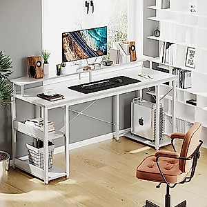 ODK 63 inch Computer Desk with Monitor Shelf and Storage Shelves, Gaming Desk, Study Table with CPU Stand & Reversible Shelves, White