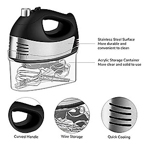 Hand Mixer Electric, Cusinaid 5-Speed Hand Mixer with Turbo Handheld Kitchen Mixer Includes Beaters, Dough Hooks and Storage Case (Black)
