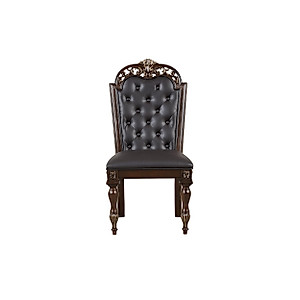 Benjara Mitch 21 Inch Tufted Dining Chair, Carved Details, Faux Leather Seat, Brown and Black