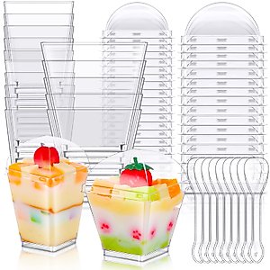 100 Sets Square Dessert Cups with Lids and Spoons Including 50 Pcs 5 oz Clear Yogurt Parfait Cups with Lids 50 Pcs 7oz Small Plastic Dessert Cups Glass Mini Shooter Cups Container for Ice Cream Bowl