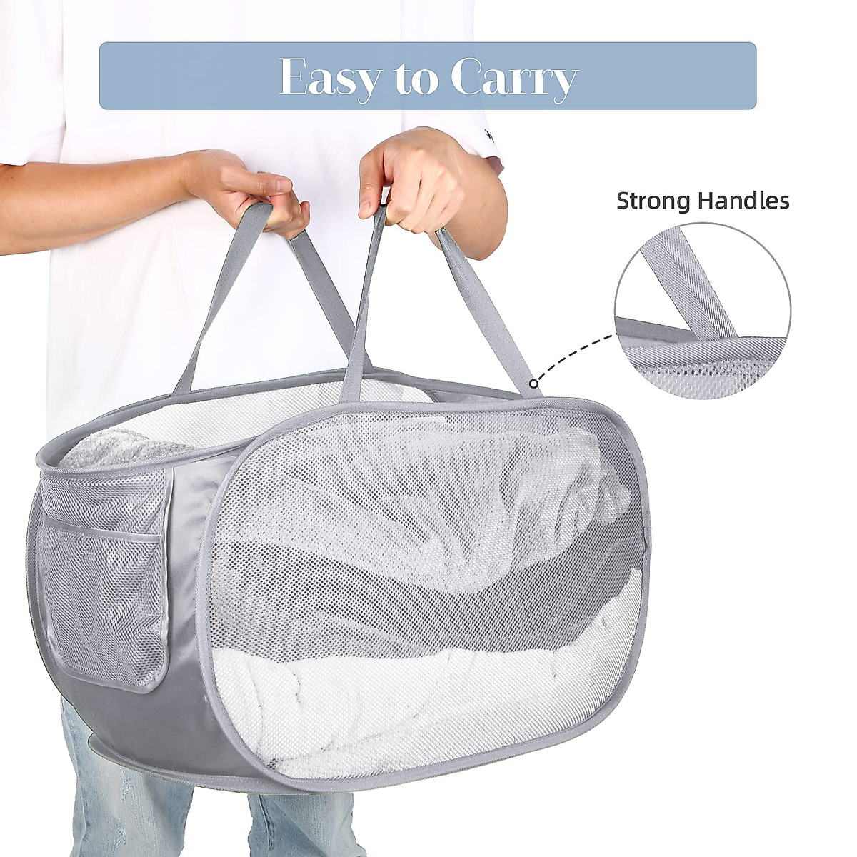 Durable Collapsible Laundry Baskets, Mesh Pop Up Laundry Hamper with Side Pocket, Foldable Clothes Storage Hamper with Reinforced Carry Handles for Laundry, Bathroom, Kids Room, Dorm or Travel Grey