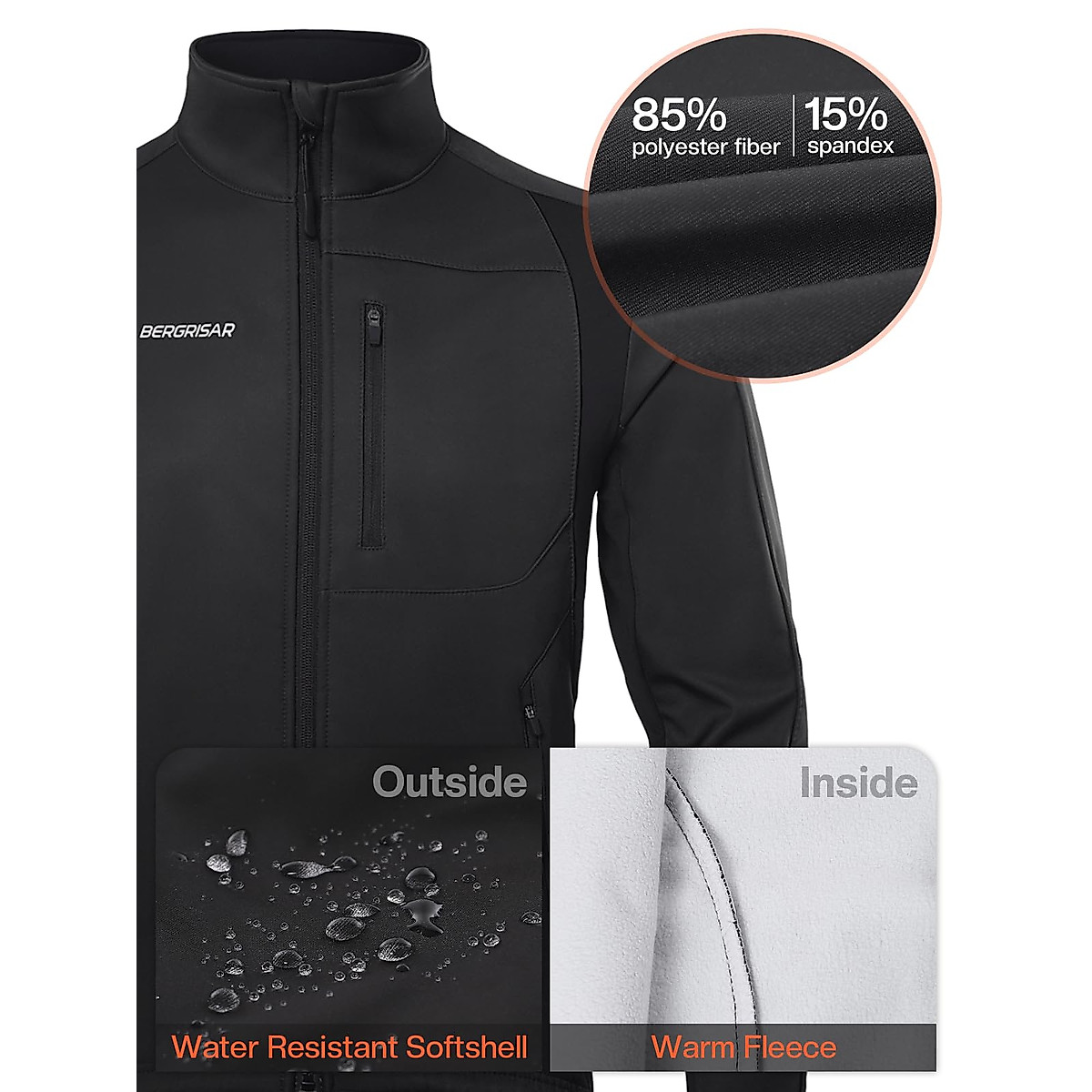 BERGRISAR Winter Cycling Jacket for Men Softshell Windproof Thermal Fleece Bike Clothing Running Jacket Windbreaker Black Large