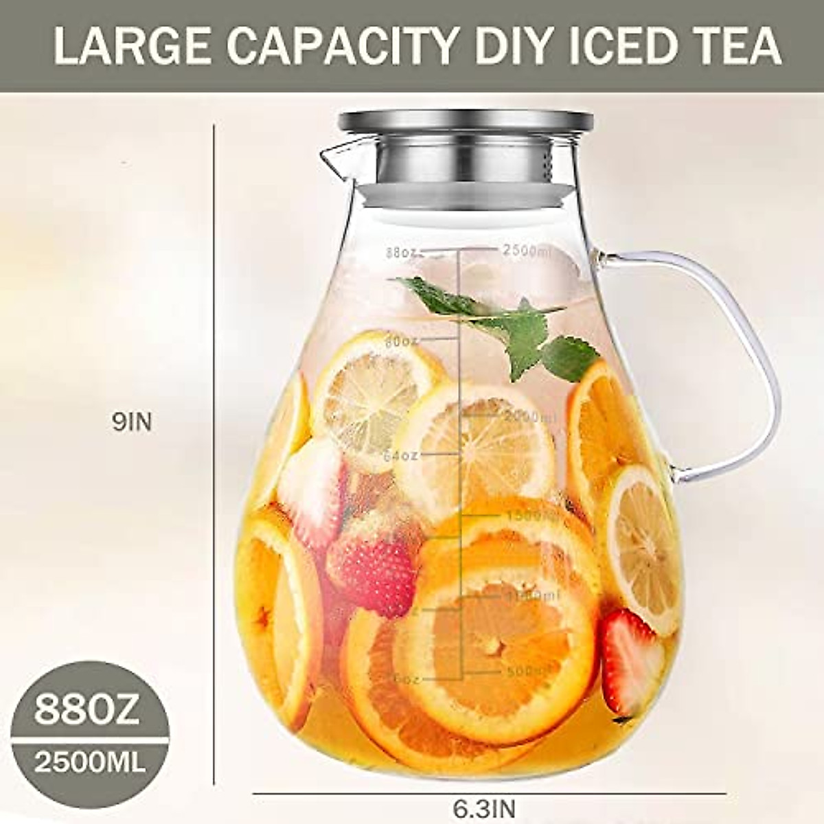 Glass Pitcher with Lid,88 Ounces -2500ml Glass Water Pitcher with Precise Scale Line, Hot/Cold Water Jug, Juice and Iced Tea Beverage Carafe with Lid